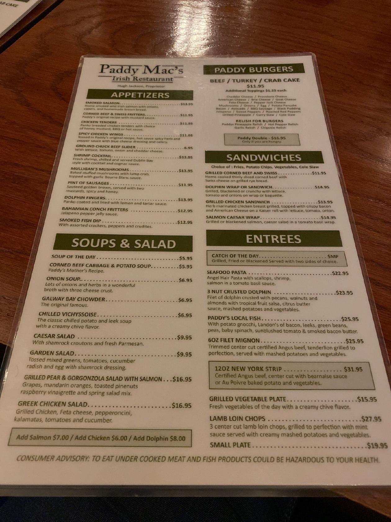 Menu at Paddy Mac's Restaurant, Palm Beach Gardens
