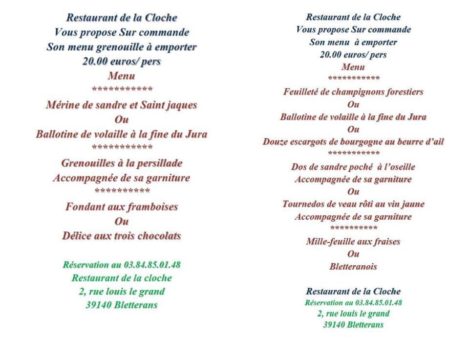 Menu au restaurant de la cloche, Bletterans