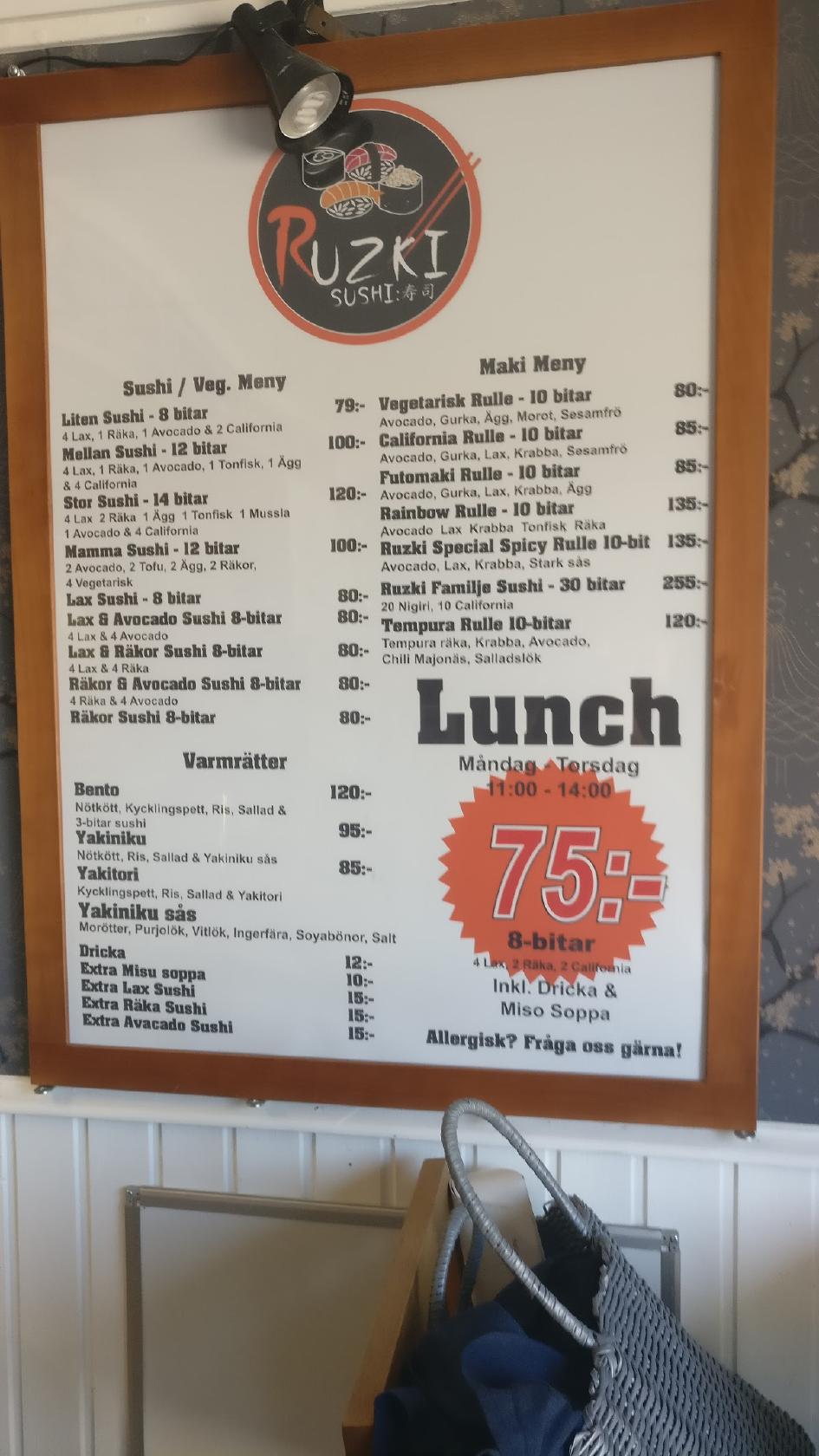 Menu at Ruzki Sushi restaurant, Bålsta