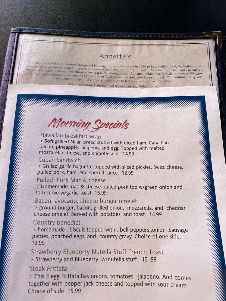 Menu at Annette's Westgate cafe, Salem