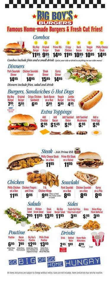 Menu at Big Boy's Burgers restaurant, Cobourg