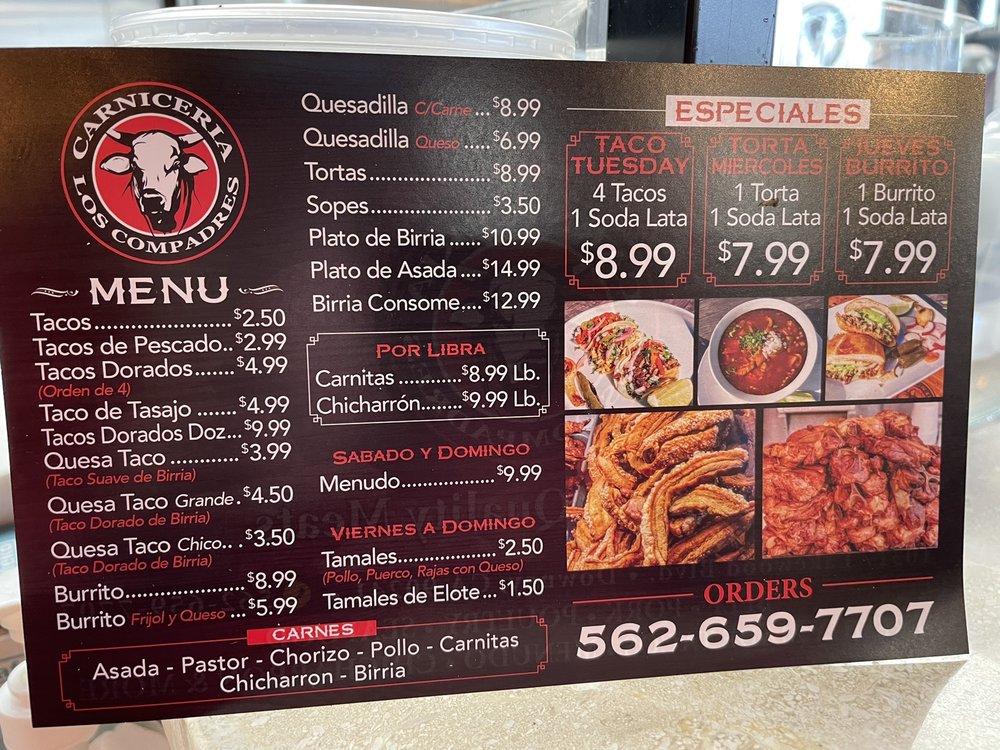 Menu at Carniceria Los Compadres, Downey
