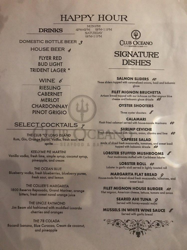 Menu at Club Oceano Seafood & Bar, Beavercreek