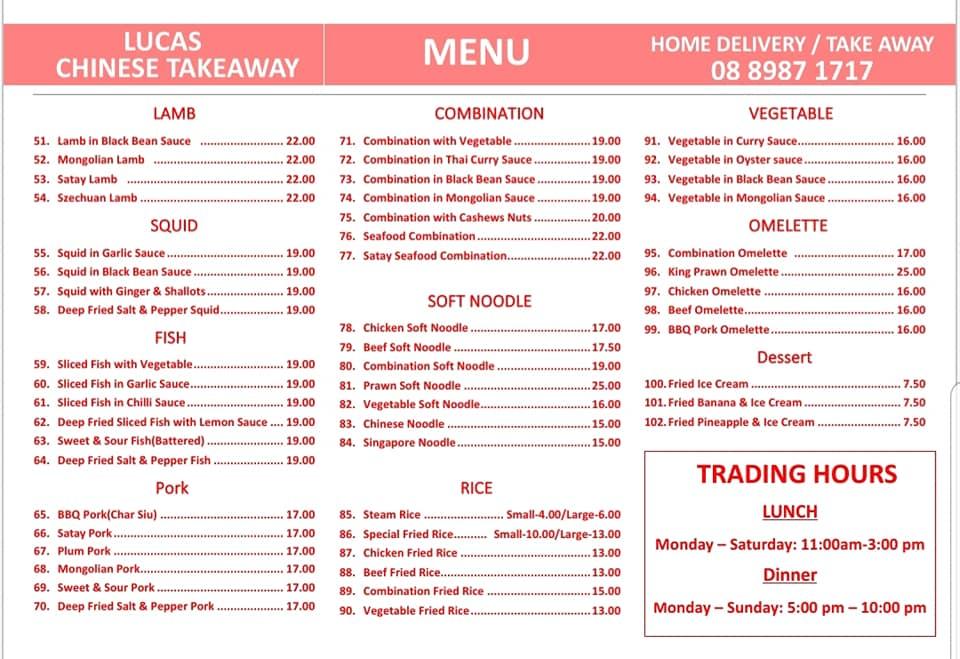 Menu at Lucas's Chinese Takeaway restaurant, Tennant Creek