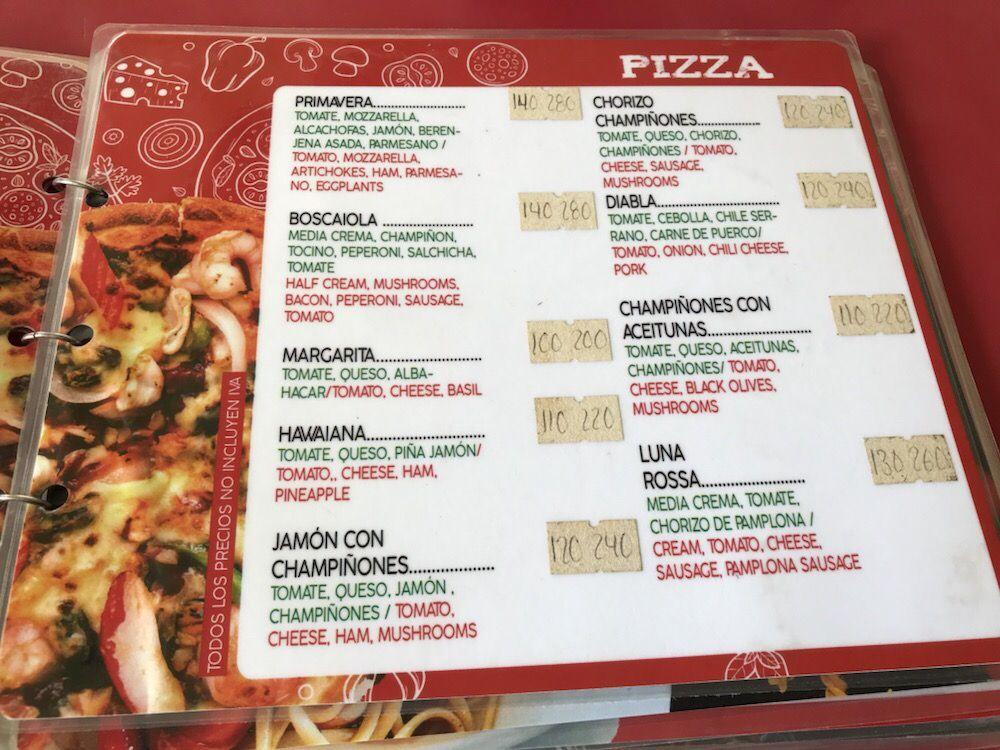 Menu at Luna Rossa restaurant, Puerto Escondido