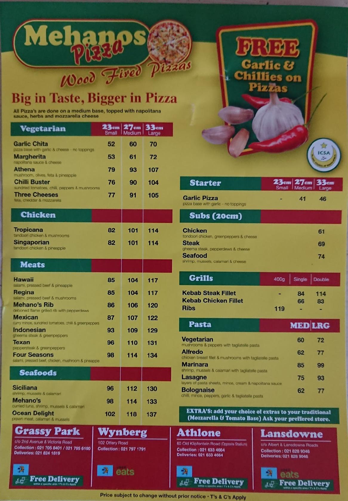 Menu at Mehanos Pizza pizzeria, Cape Town, 31 Victoria Rd
