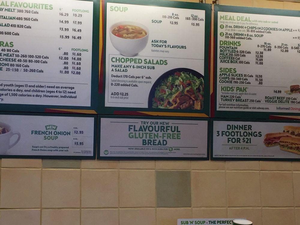 Menu at Subway fast food, Sarnia, 889 Exmouth St
