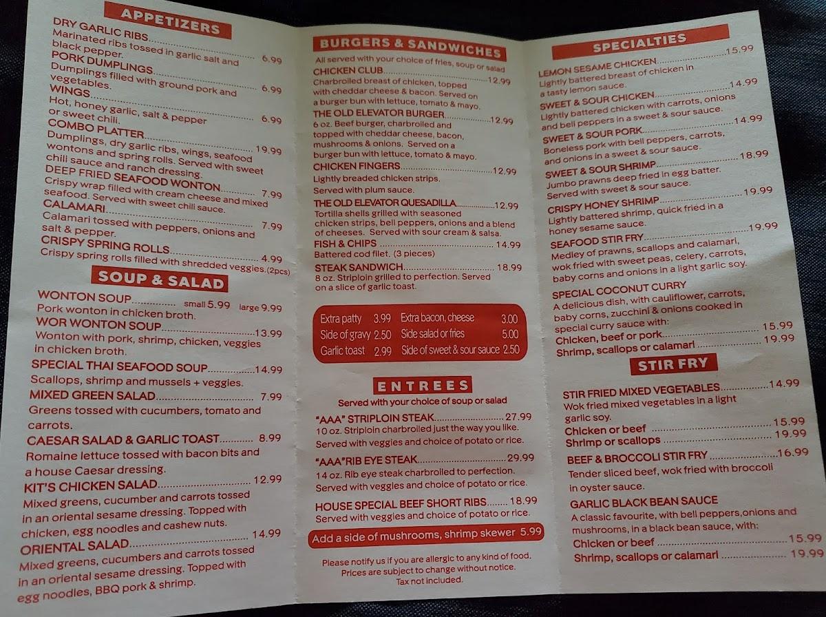 Menu at The Old Elevator restaurant, Fernie