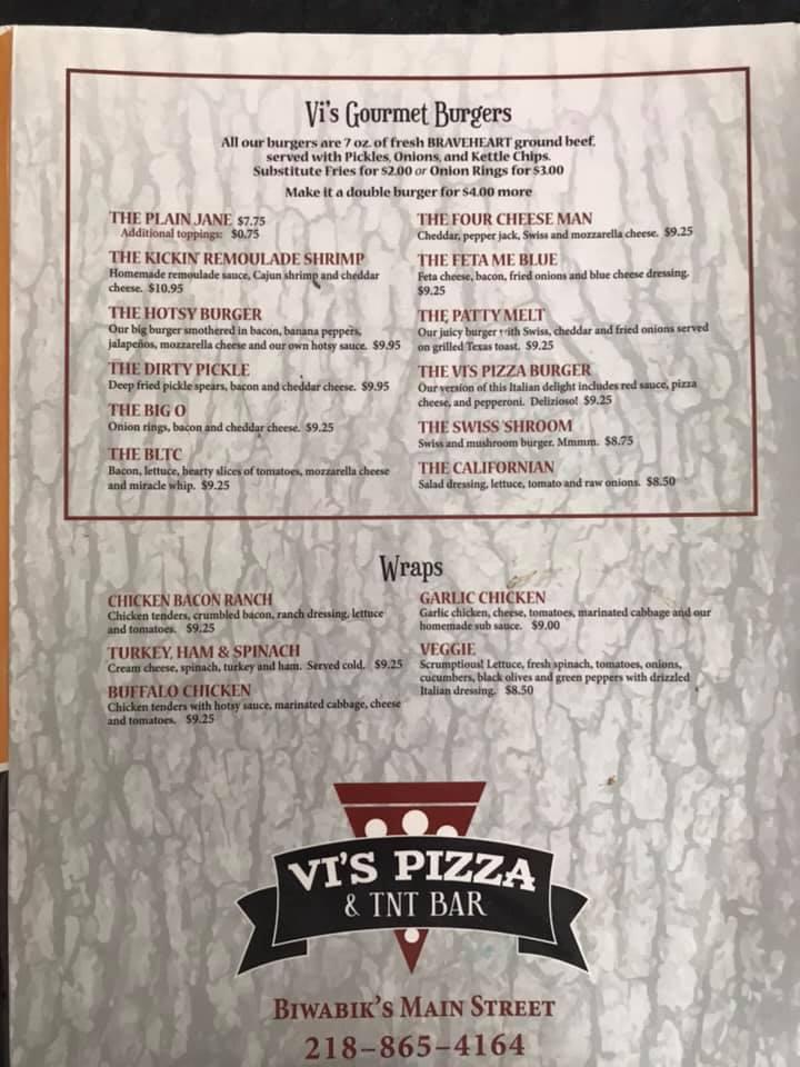 Menu at Vi's Pizza & TNT Bar, Biwabik, 301 Main St