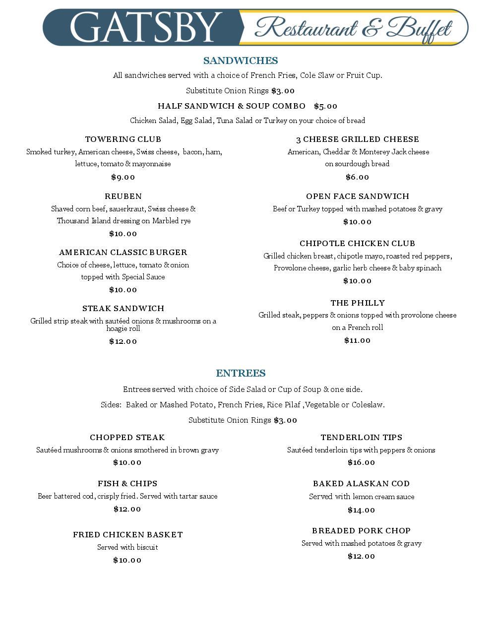 Menu at Gatsby Restaurant, Wellsville