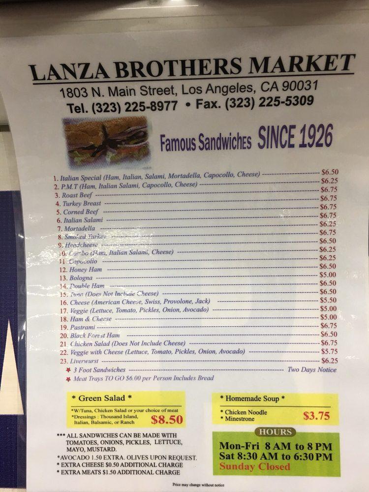 Menu at Lanza Brothers Market restaurant, Los Angeles