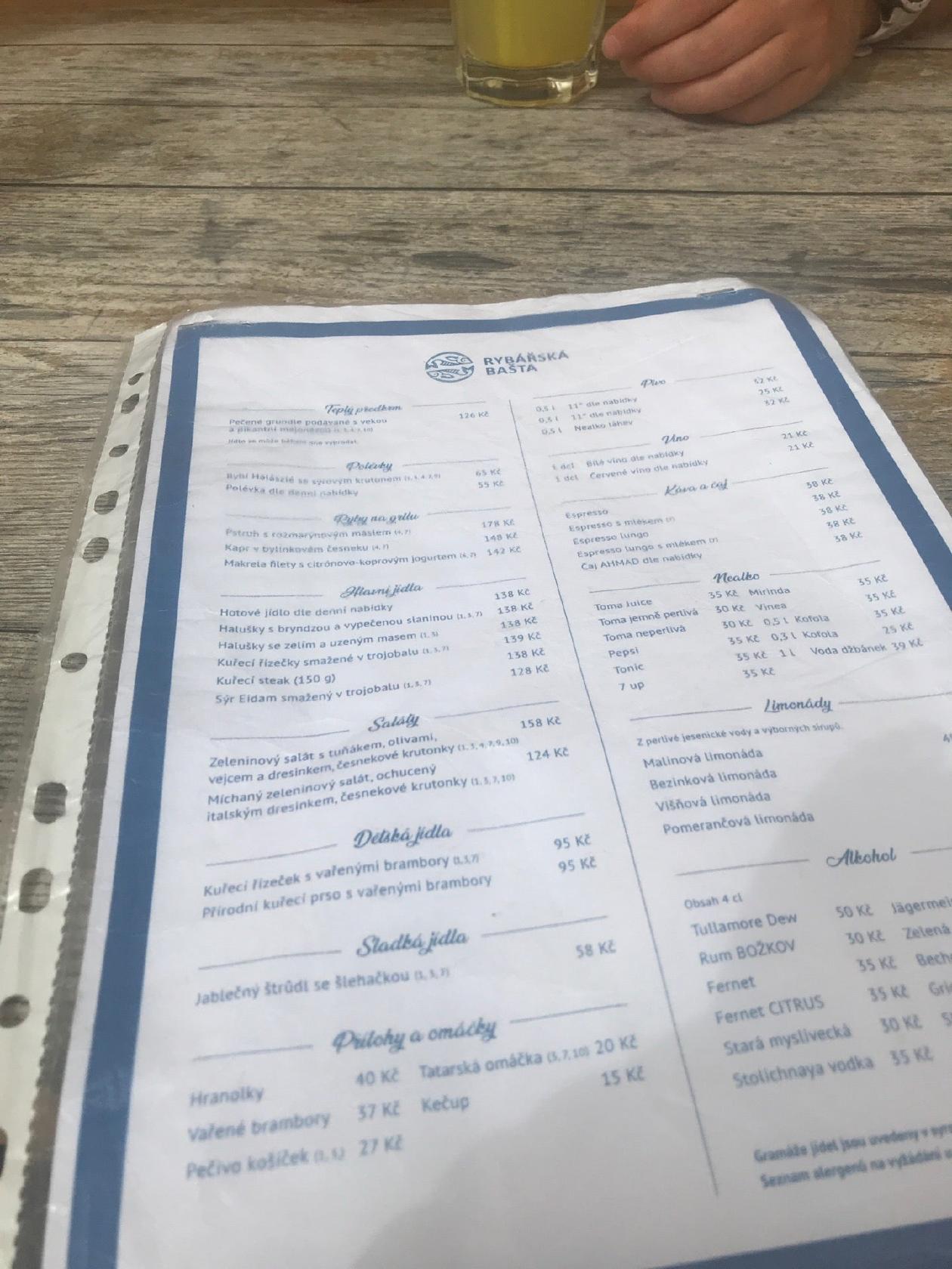 Menu at Bistro Bašta restaurant, Loučná nad Desnou