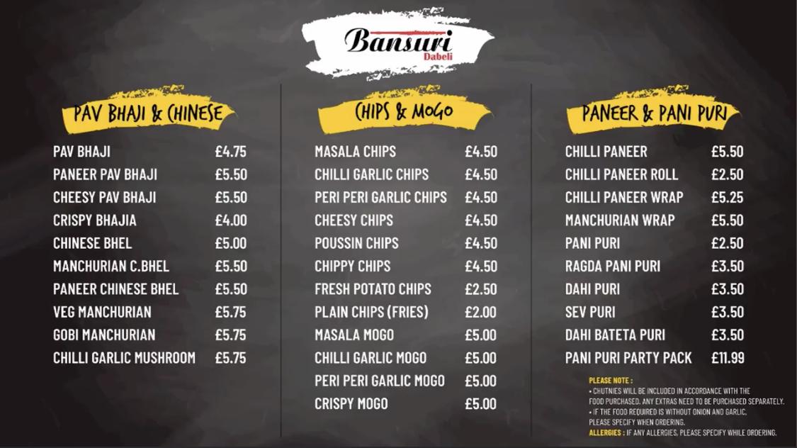 Menu at Bansuri Dabeli fast food, London