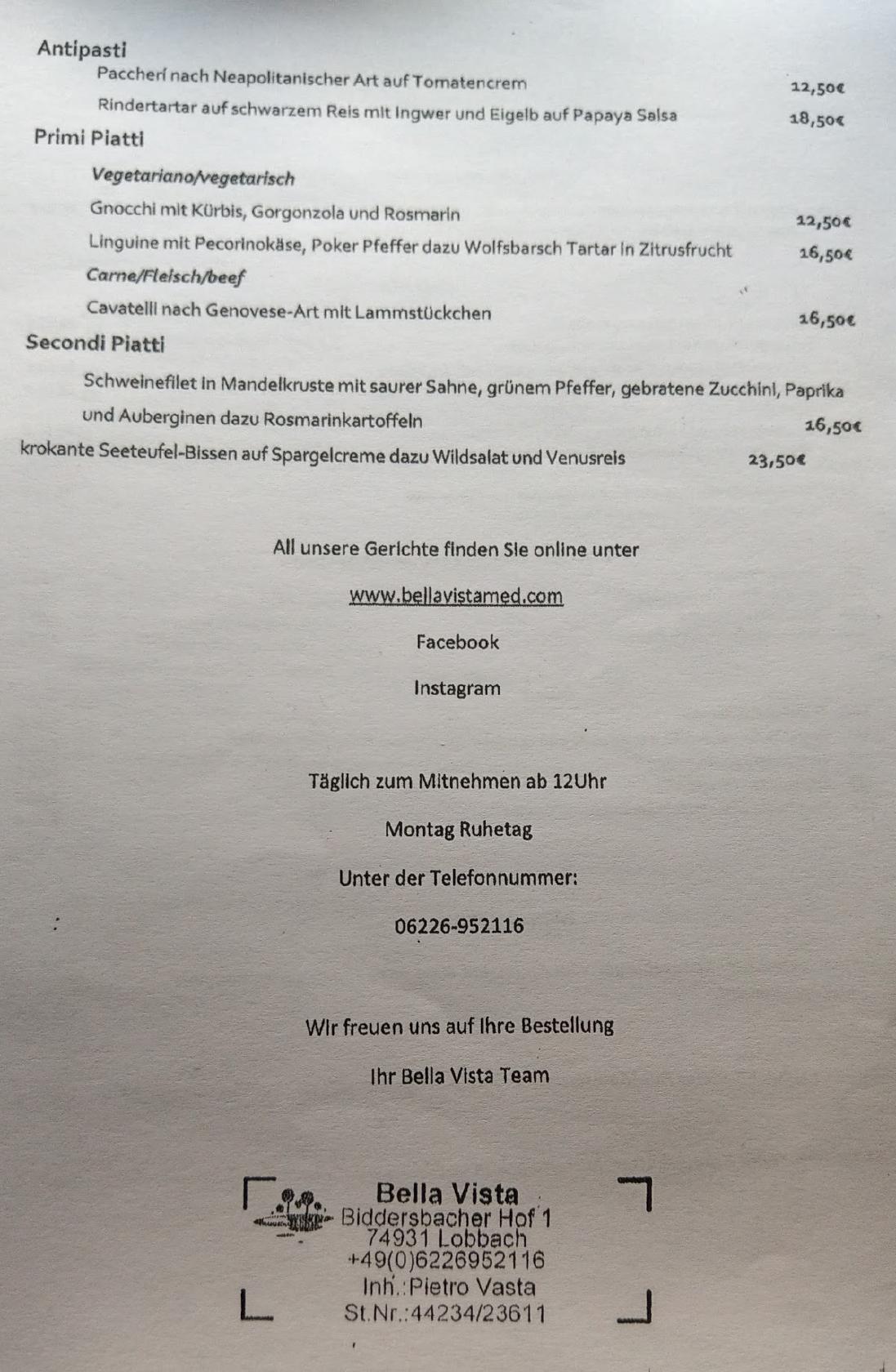 Speisekarte von Bella Vista restaurant, Lobbach