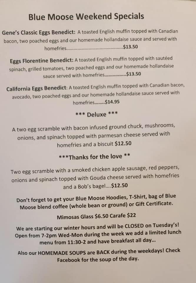 Menu at Blue Moose Cafe, Port Townsend