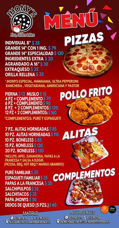 Menu at Jhony's Pizza restaurant, Ciudad Apodaca, Dolores Hidalgo 460