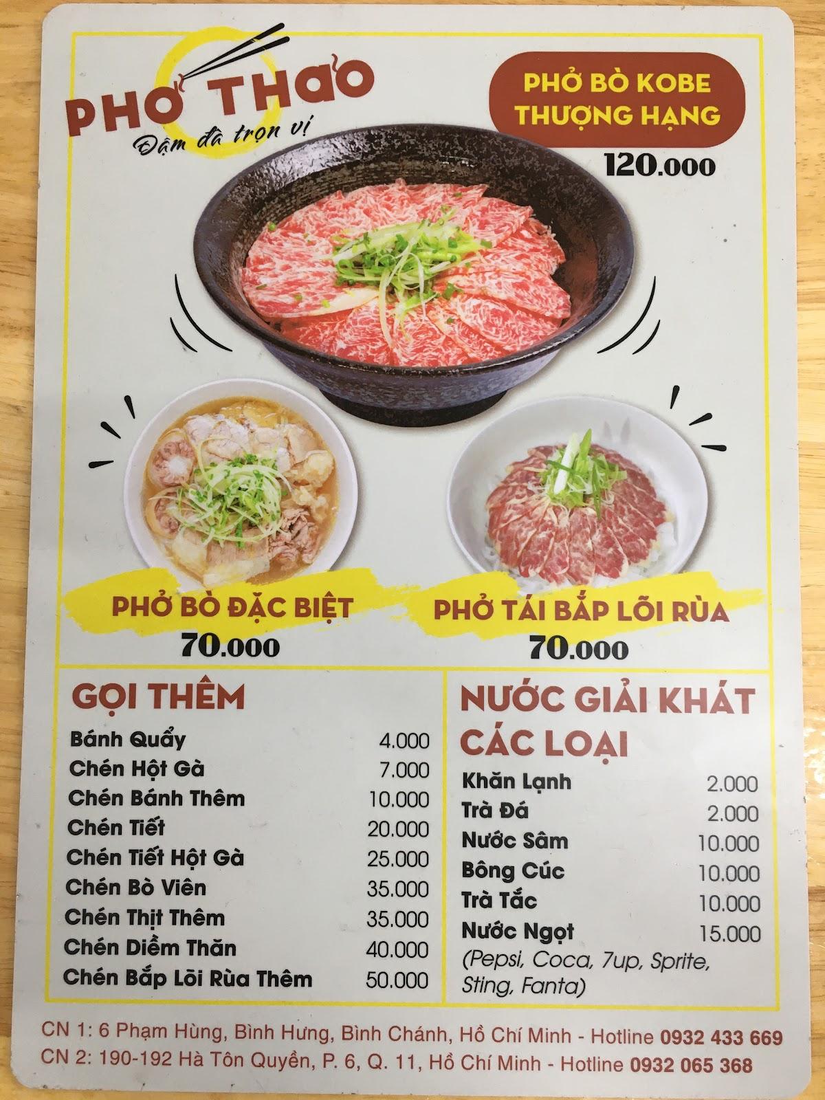 Menu at Phở Thảo - Hà Tôn Quyền restaurant, Ho Chi Minh City