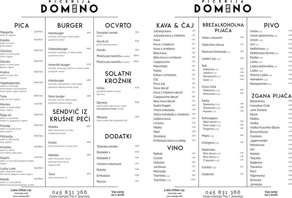 Menu at Domino, gostinstvo in trgovina, d.o.o., Jesenice restaurant ...