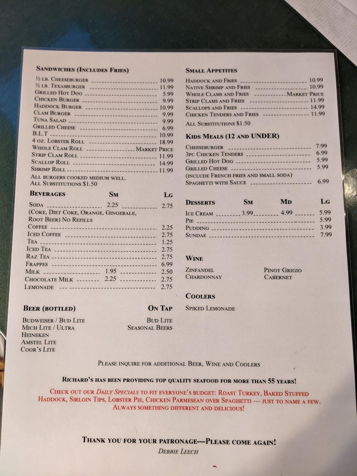 Menu at Richard's Seafood Restaurant, Wells, N Berwick Rd
