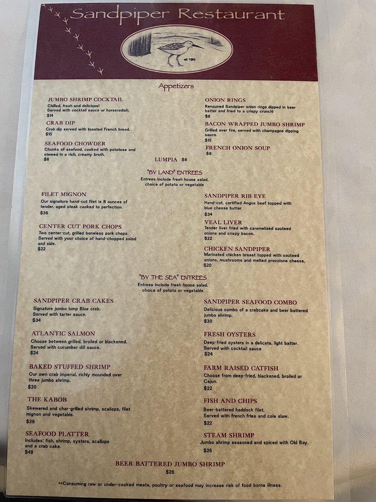Menu at Sandpiper Restaurant, White Stone