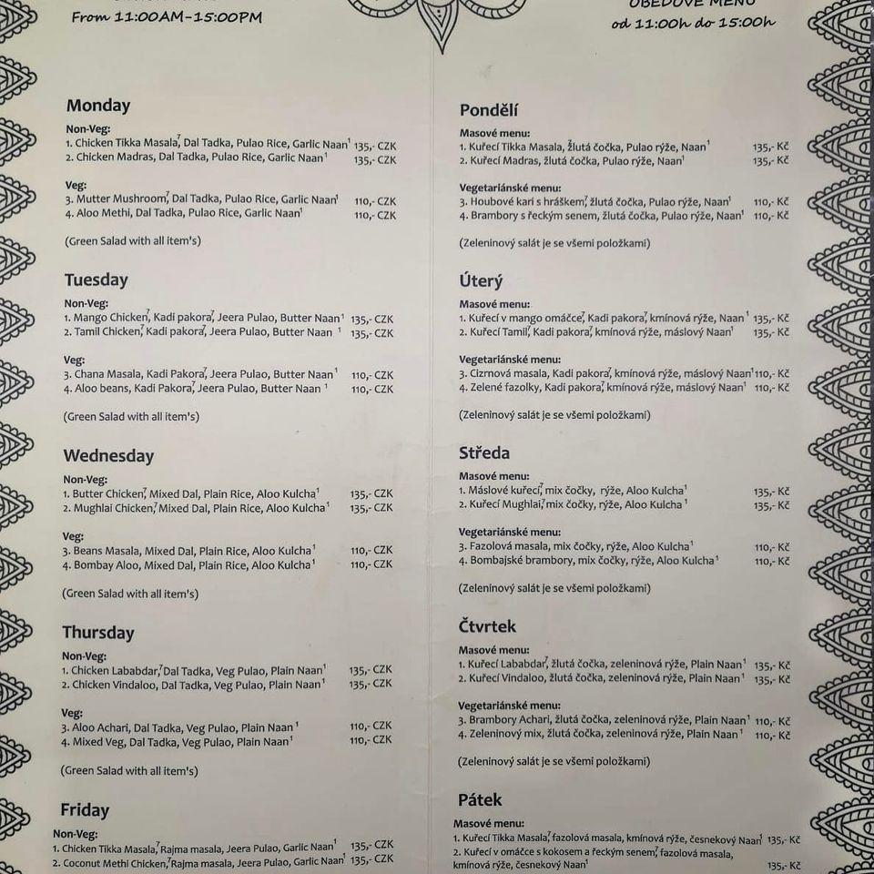 Menu at Taj Mahal Express restaurant, Prague