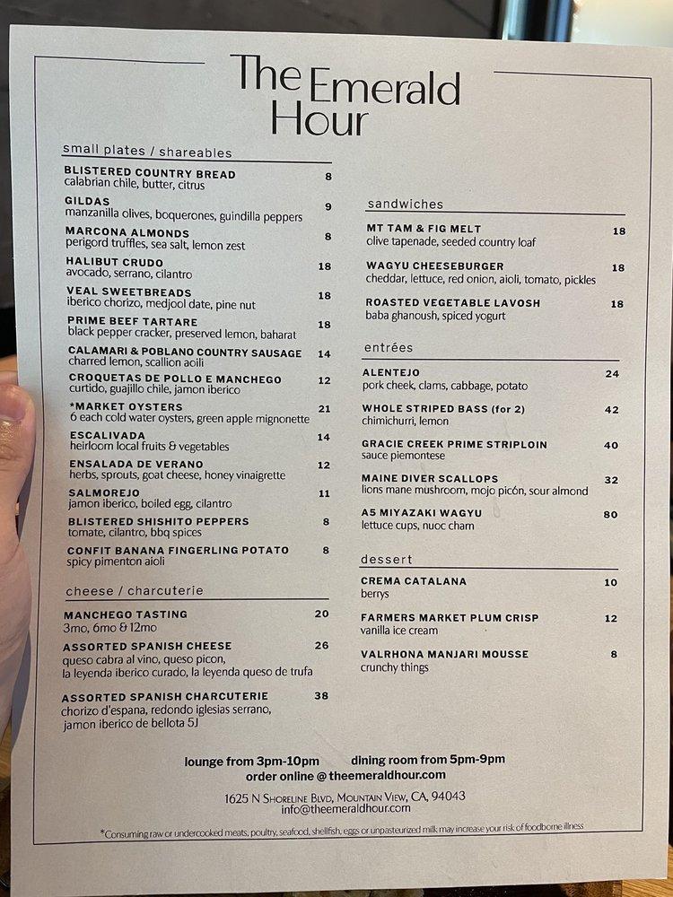 Menu at The Emerald Hour pub & bar, Mountain View, N Shoreline Blvd