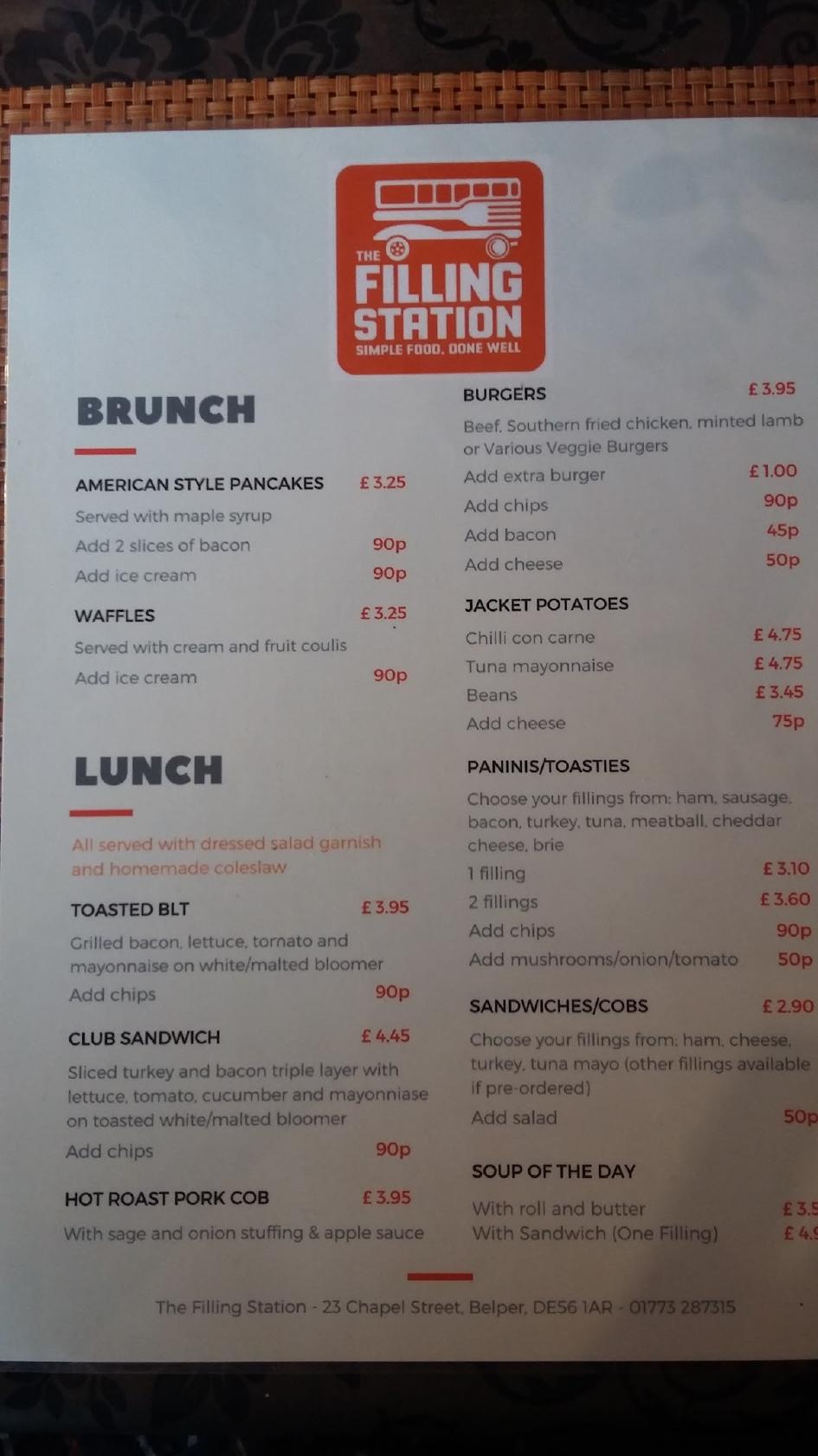 Menu at The Filling Station cafe, Belper
