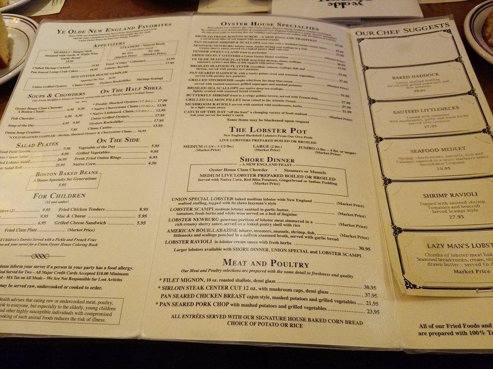 Menu at Union Oyster House restaurant, Boston