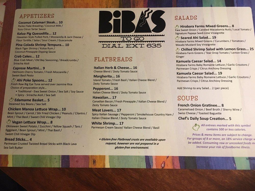 Menu at Bibas Courtyard Grill restaurant, Honolulu