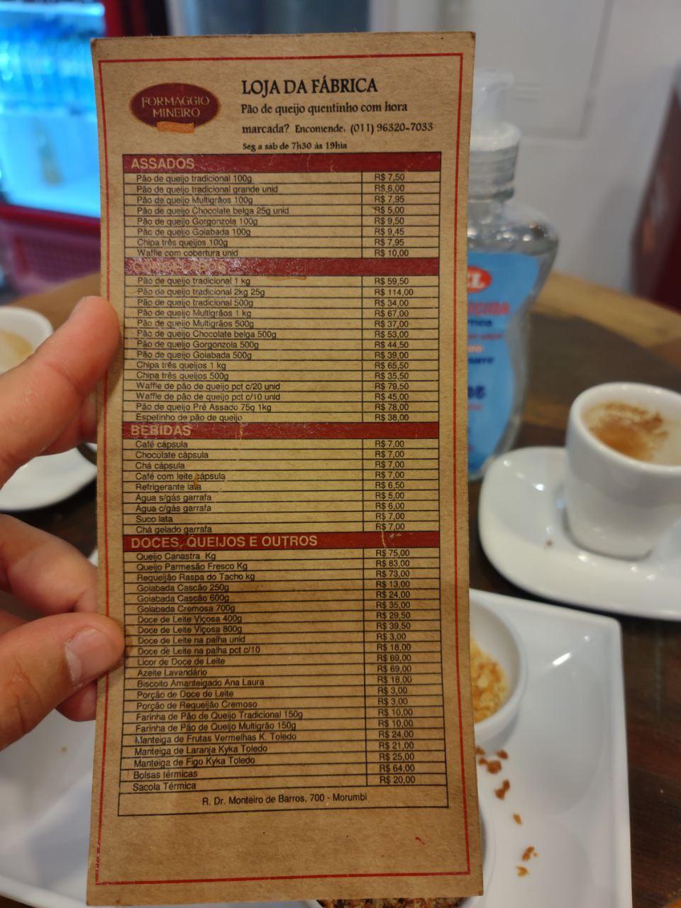 Menu at Formaggio Mineiro cafe, São Paulo, R. Dr. Oscar Monteiro de Barros