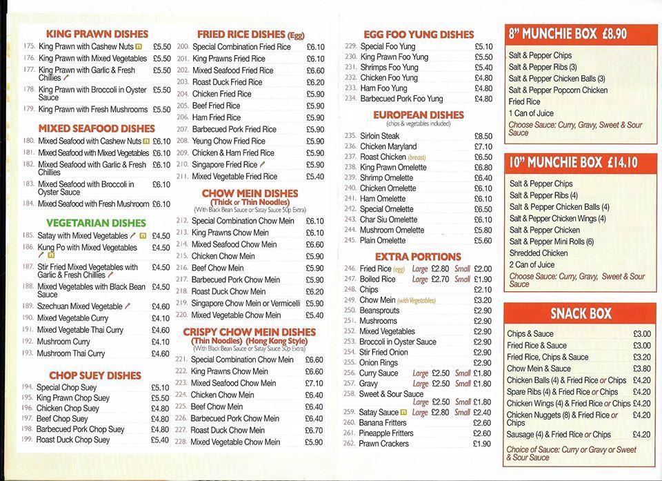 Menu at Lucky Chen restaurant, Bo'ness