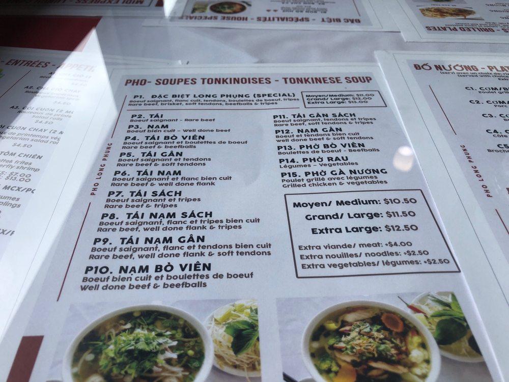 Carta del restaurante Phở Long Phụng, Montréal