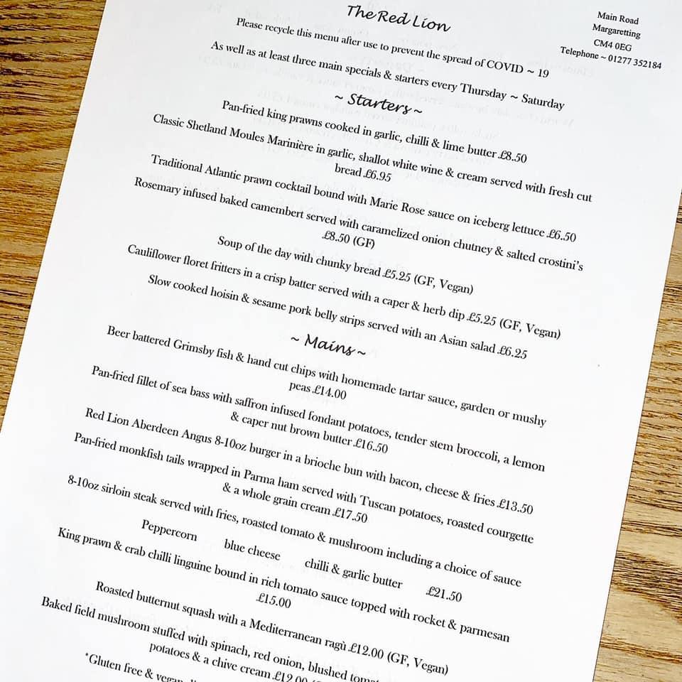 Menu at The Red Lion Margaretting pub & bar, Ingatestone, Main Road