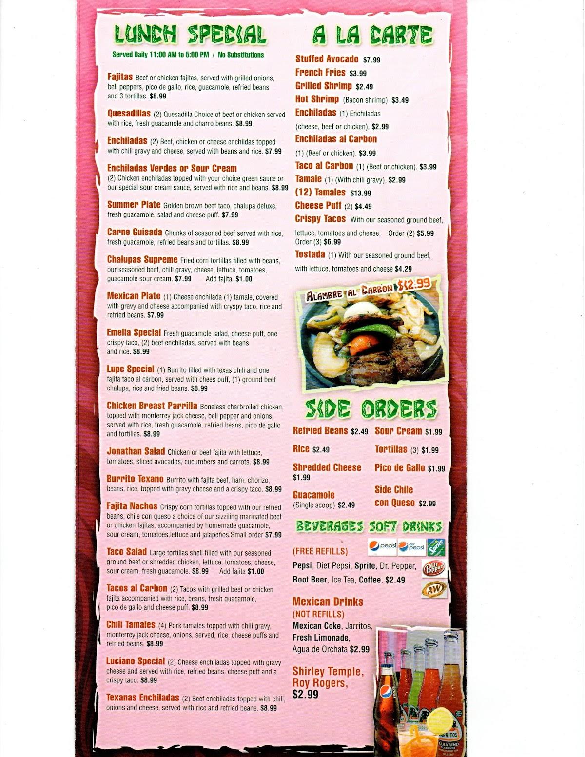 Menu at 10 De Mayo restaurant, Beaumont