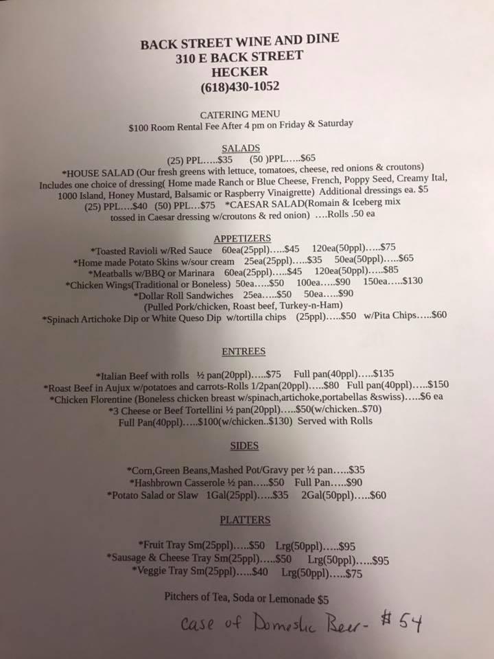 Menu at Backstreet Wine and Dine steakhouse, Hecker