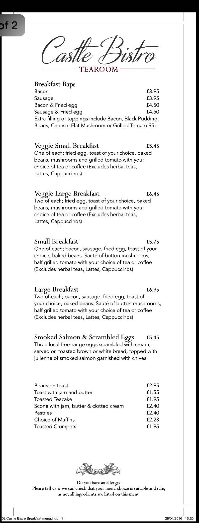 Menu at Castle Bistro, Tearoom & Wine Bar, Chirk