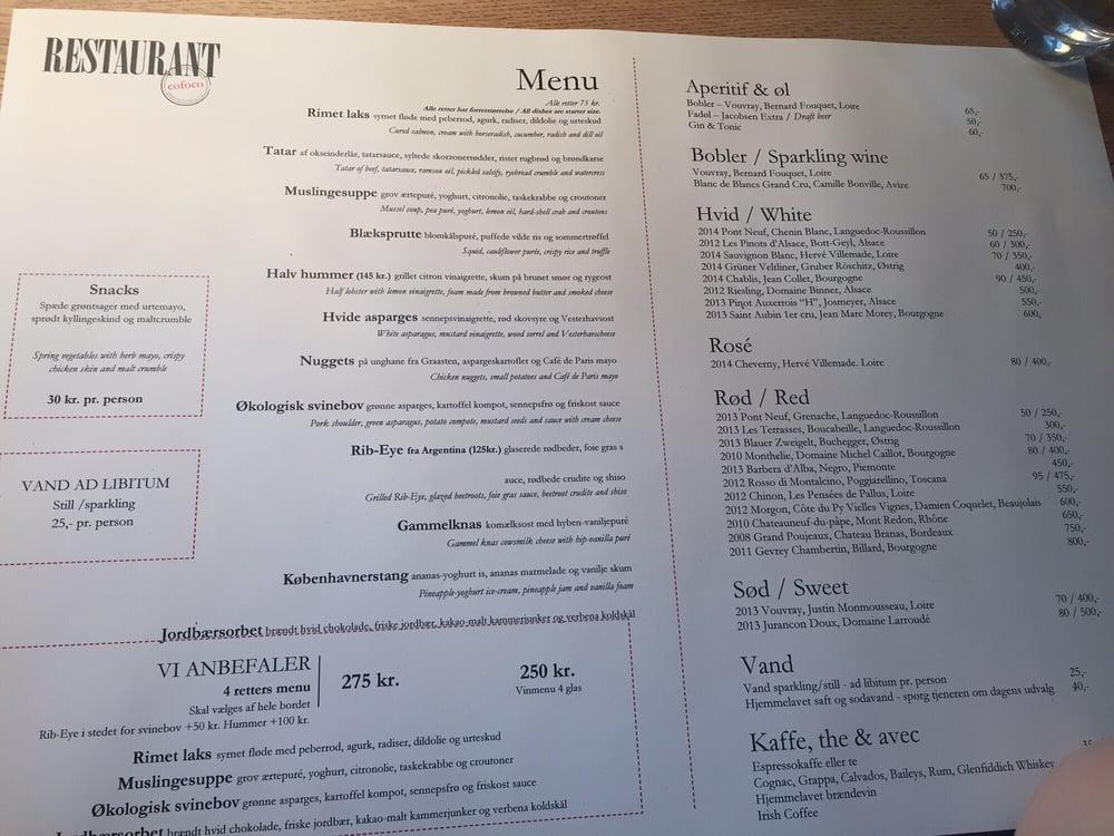Menu at Cofoco restaurant, Copenhagen, Abel Cathrines Gade 7