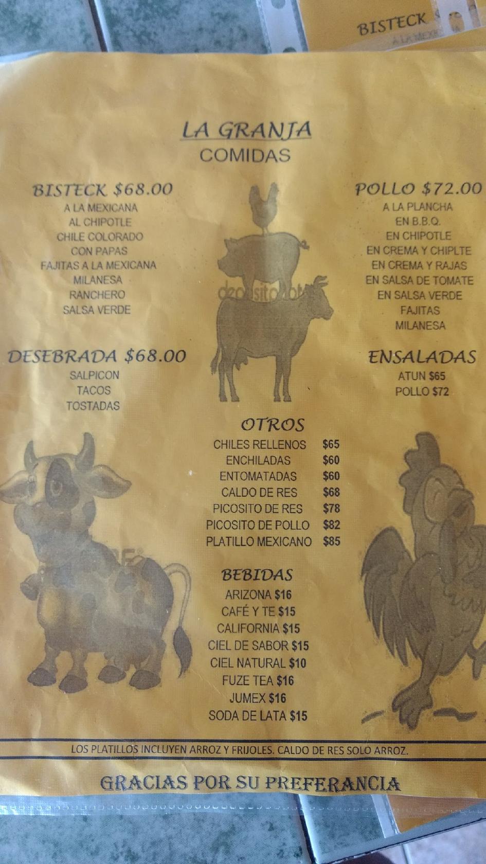 Carta de Restaurant "La Granja", Ciudad Juarez