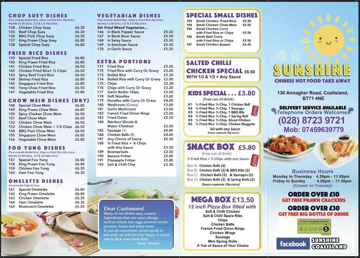 Menu at Sunshine Hot Food Takeaway restaurant, Coalisland