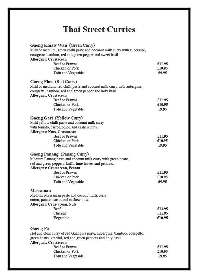 Menu at Thai Street Food restaurant, Worthing