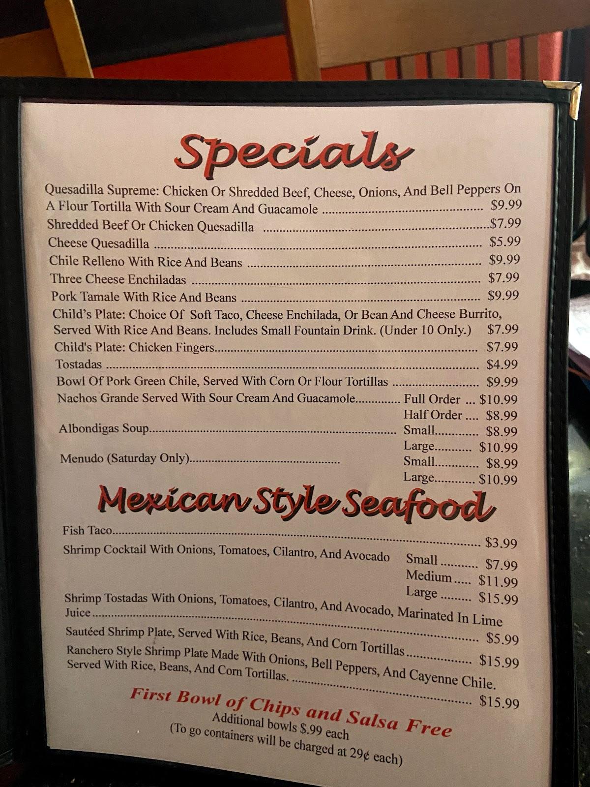 Menu at Romero's Mexican Restaurant, Pahrump