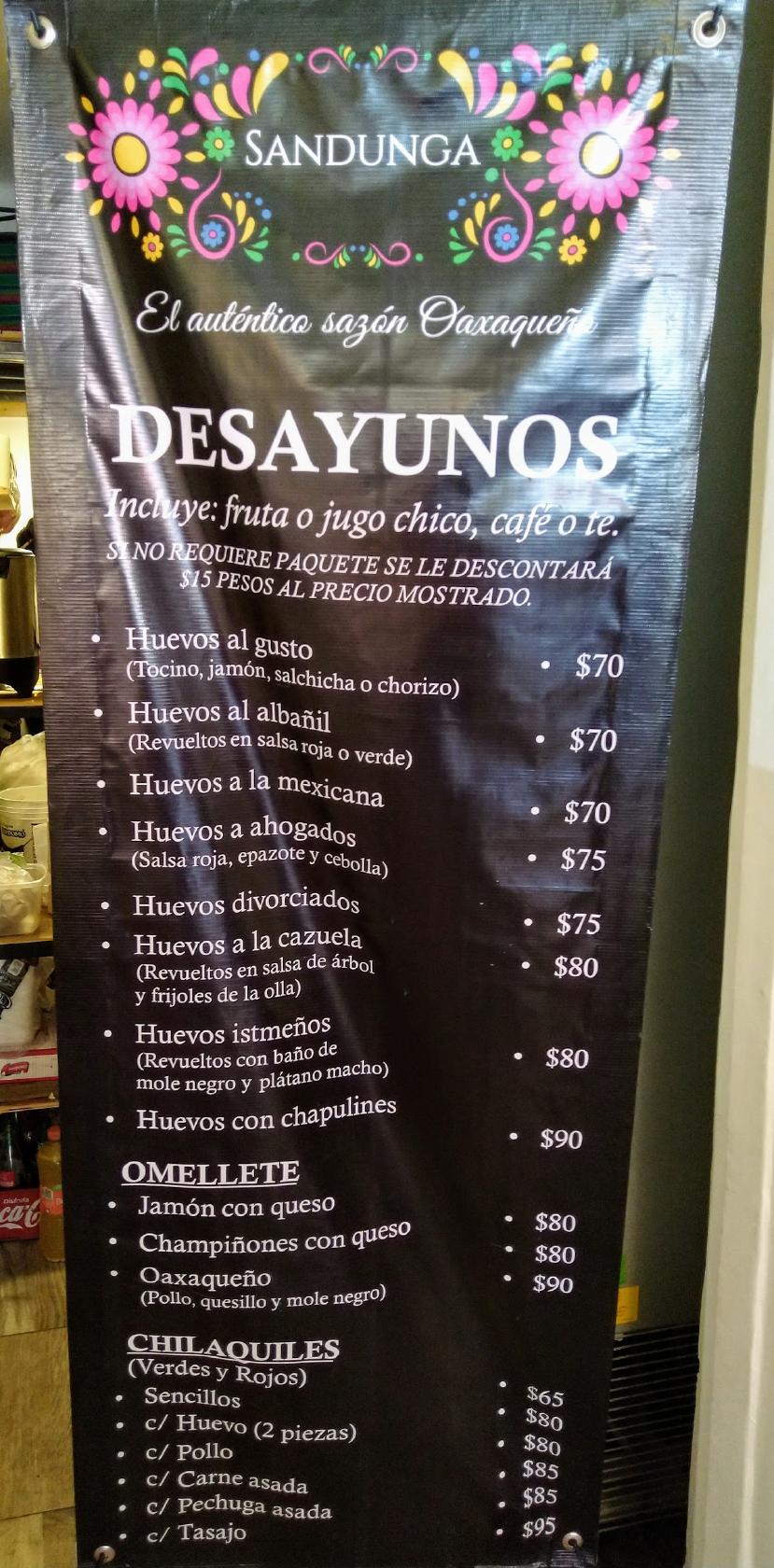 Menu at Sandunga Restaurante, Mexico City
