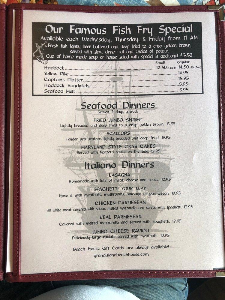 Menu at The Beach House restaurant, Grand Island