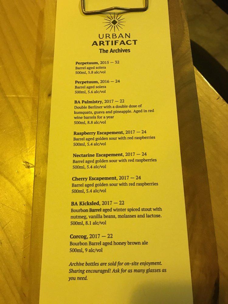 Menu at Urban Artifact restaurant, Cincinnati