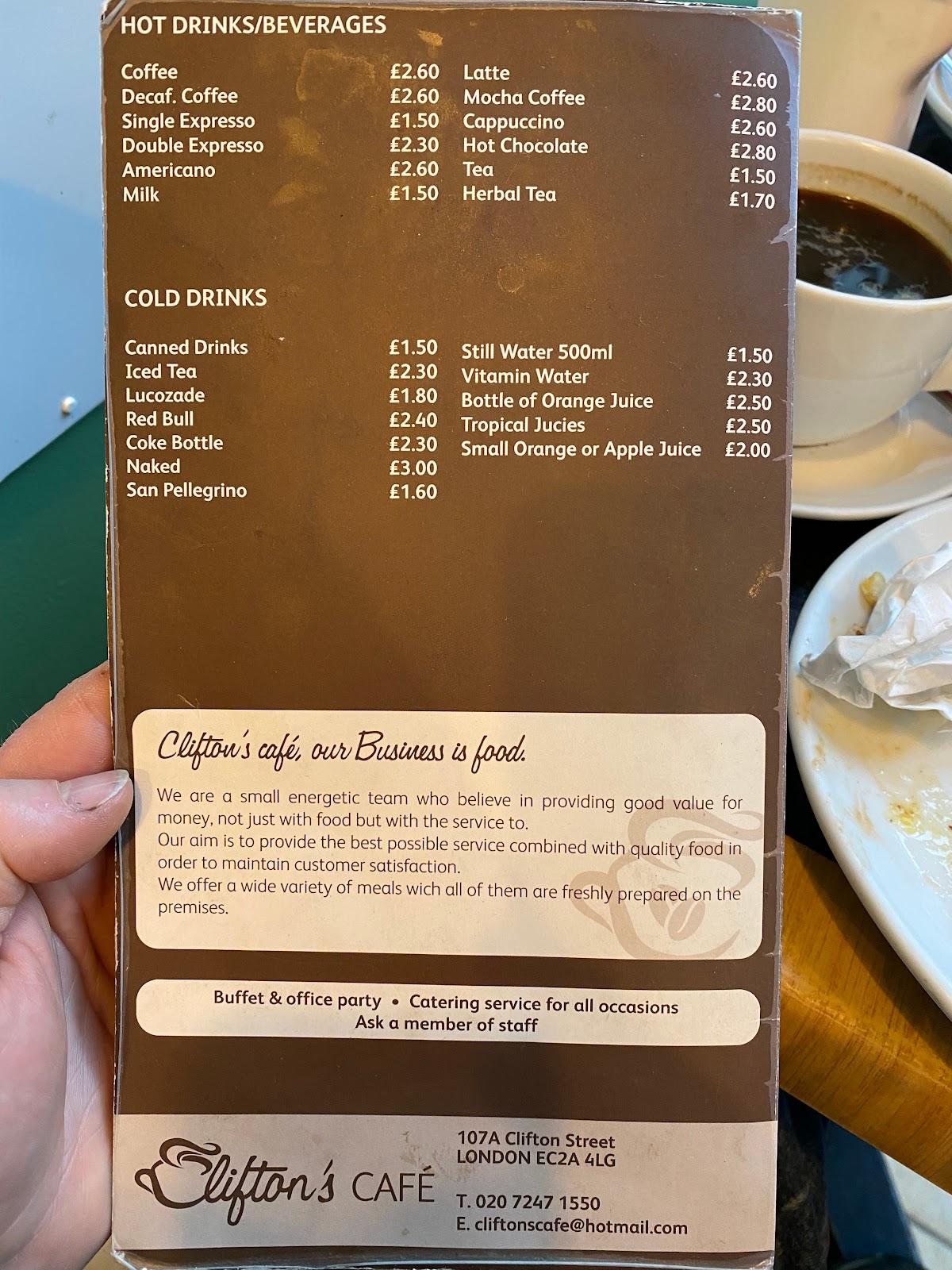 Menu at Clifton's Café cafe, London