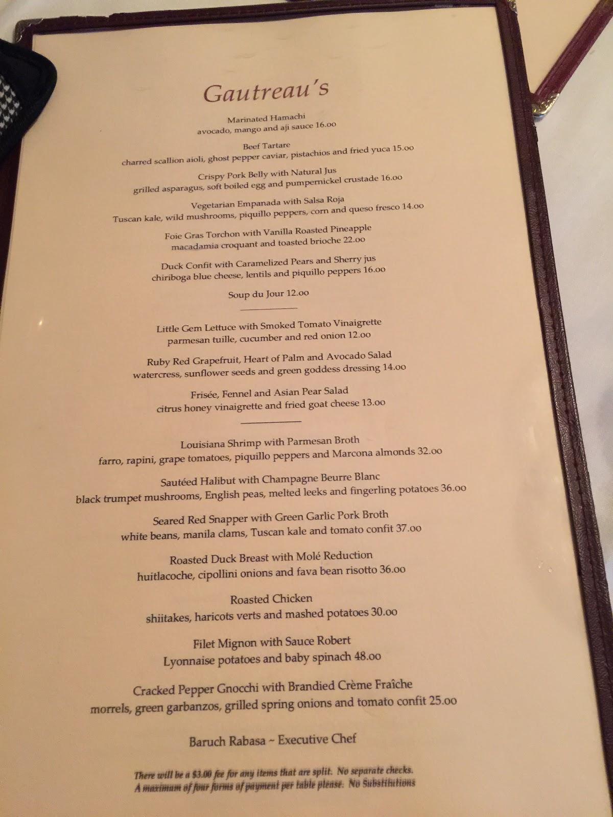 Menu at Gautreau's Restaurant, New Orleans