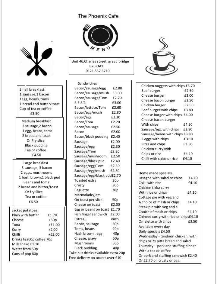 Menu at Phoenix Cafe, West Bromwich, Unit 46/Phoenix International Ind Est