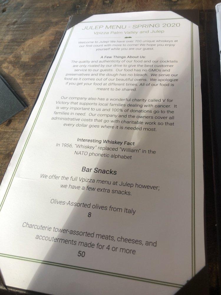 Menu at V Pizza & Julep - Palm Valley pub & bar, Palm Valley