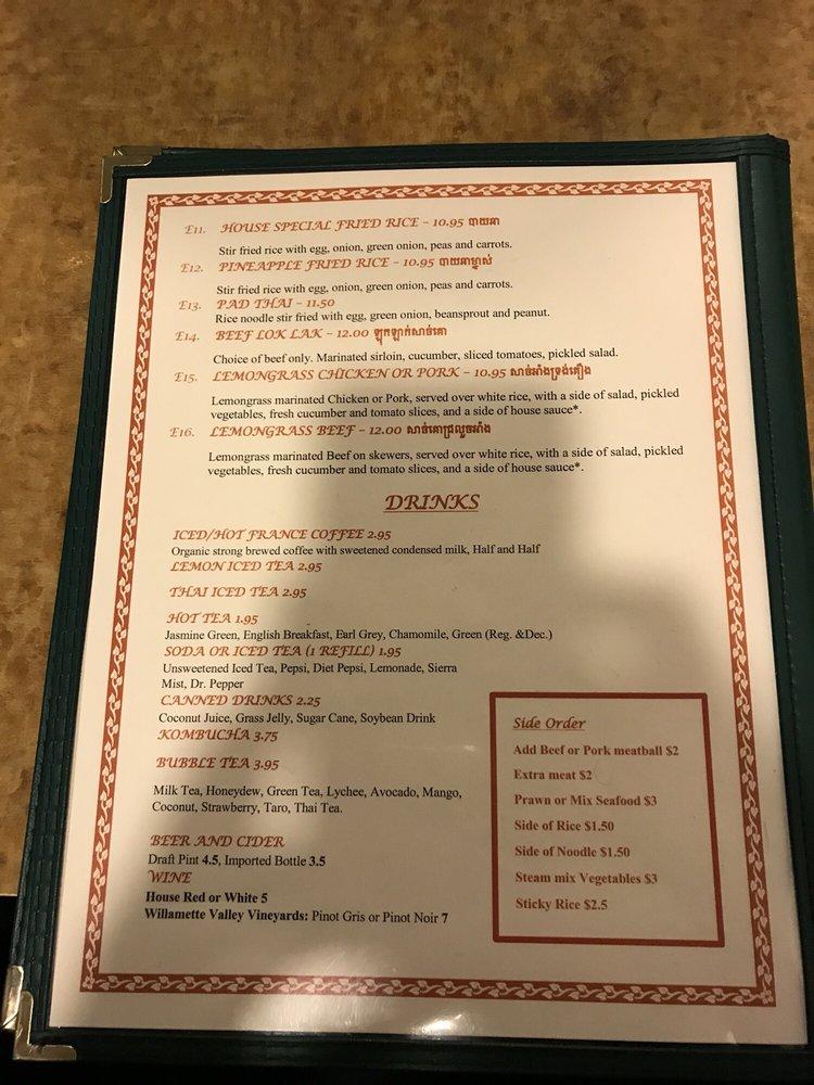 Menu at Angkor Cafe, Eugene