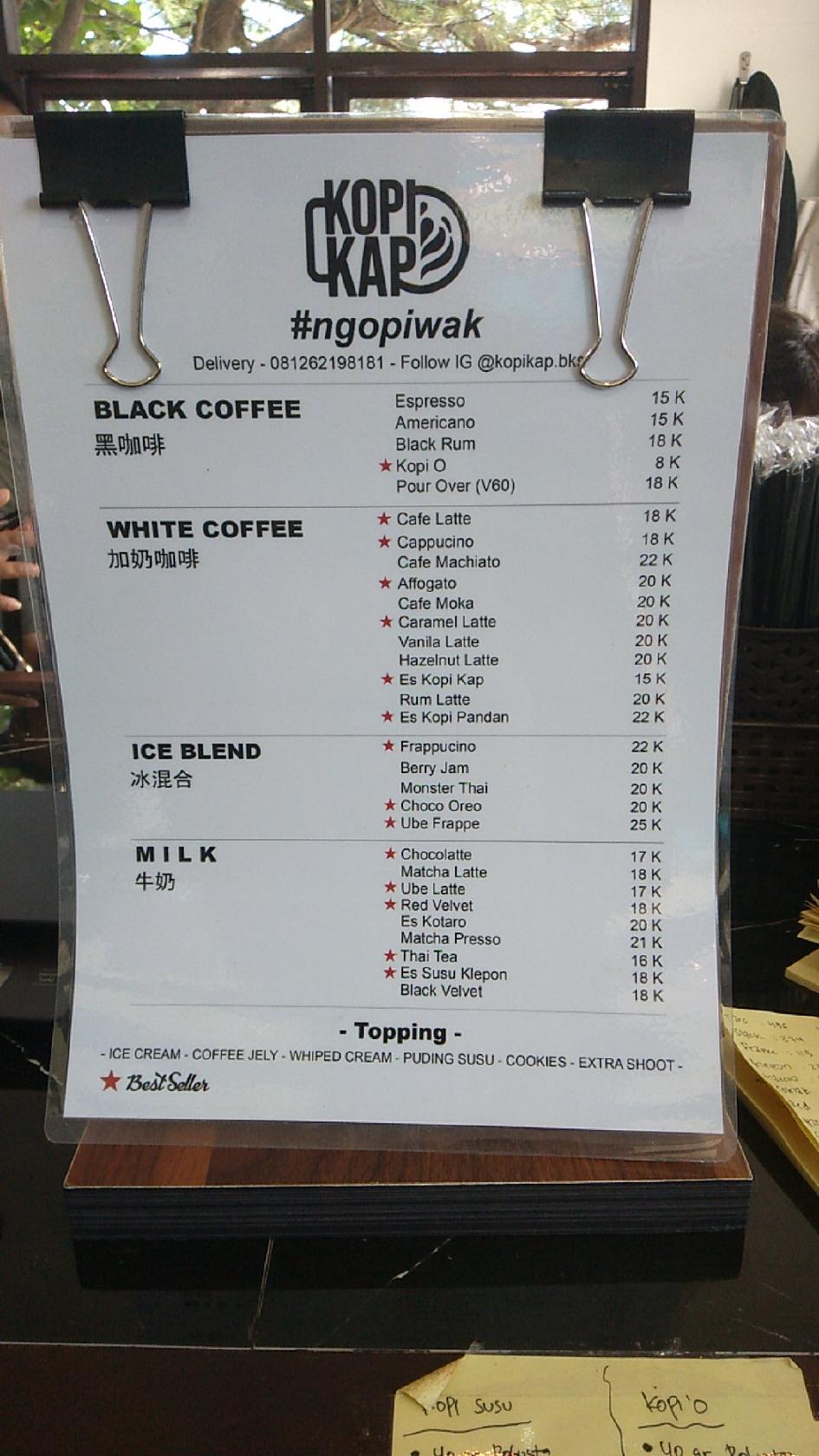 Menu at KopiKap Roro, Indonesia